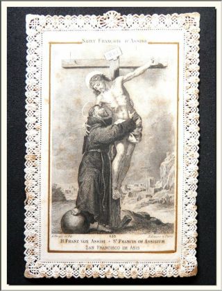 UNIQUE 1860 ' S FRENCH " JESUS & ST FRANCIS ASSISI " CANIVET LACE HOLY ...