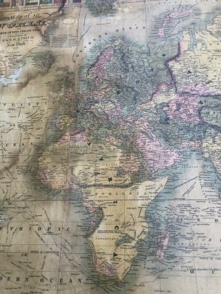 RARE ANTIQUE 1845 CANVAS WALL MAP WORLD UNITED STATES PRE CIVIL WAR NO ...
