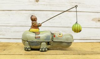 Vintage Mechanical Tin Happy Hippo Wind Up Toy By TPS Japan Rare Litho ...