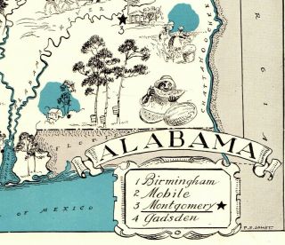1930s Antique ALABAMA State Map RARE Animated Picture Map Of Alabama ...